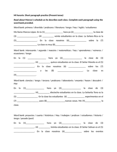 Mi horario: Short paragraph practice (Present tense) | Teaching Resources
