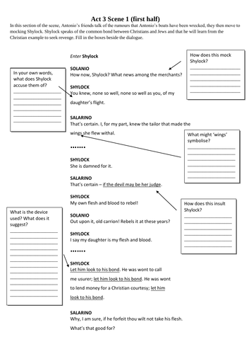 Merchant of Venice Act 3 Scene 1 Worksheet | Teaching Resources