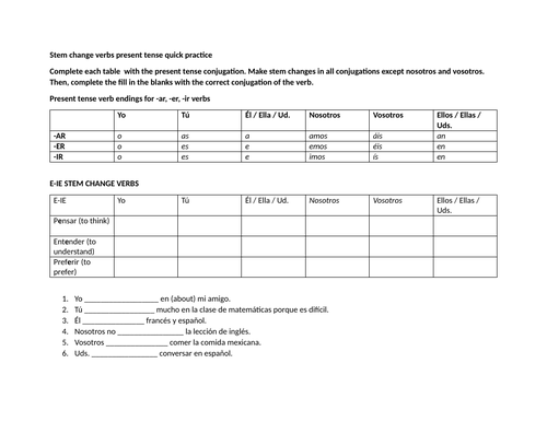 Stem change verbs present tense quick practice | Teaching Resources