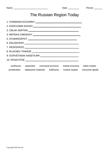 The Russian Region Today Vocabulary Word Scramble | Teaching Resources