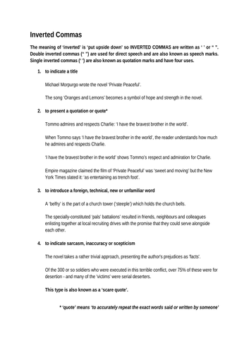 INVERTED COMMAS - ENGLISH LANGUAGE STUDENT WORKSHEET WITH ANSWERS ...