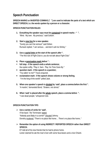 SPEECH PUNCTUATION - ENGLISH LANGUAGE STUDENT WORKSHEET WITH ANSWERS | Teaching Resources