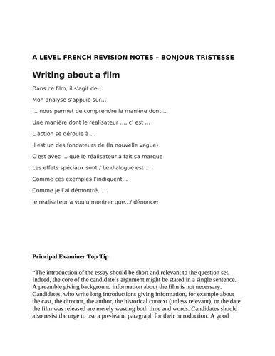 A LEVEL FRENCH: a bank of essay questions on Bonjour Tristesse ...