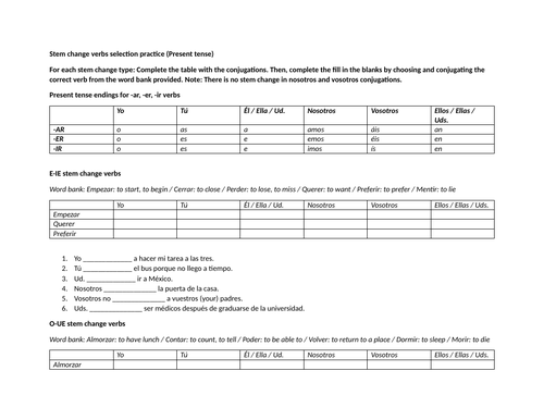 Stem change verbs selection practice (Present tense) | Teaching Resources