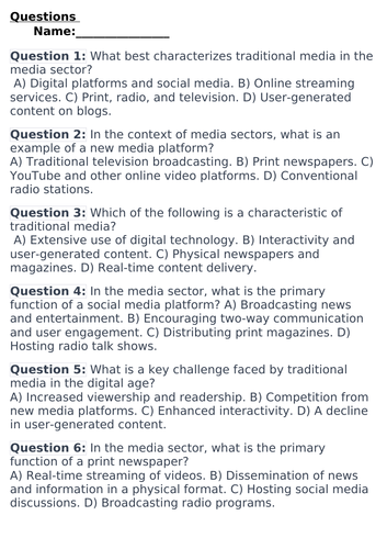 Lesson 1: Multiple Choice Quiz - Topic 1 | Teaching Resources
