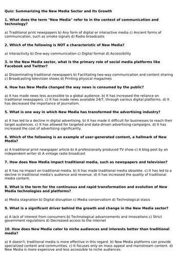 Lesson 3 - Multiple Choice Quiz - Summarizing the New Media Sector and ...