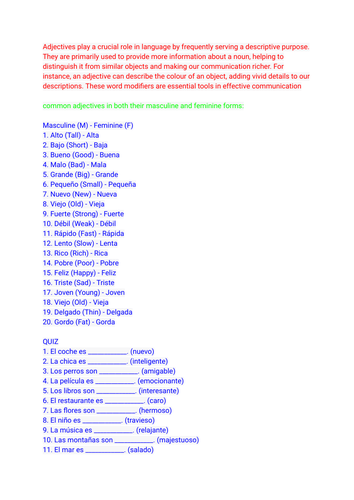 SPANISH DESCRIPTIVE ADJECTIVE | Teaching Resources