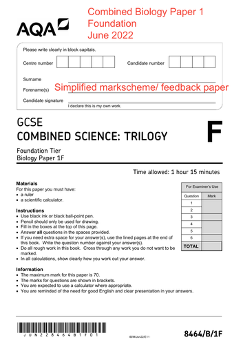 AQA Combined Biology Paper 1 Feedback | Teaching Resources