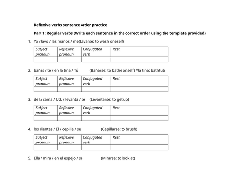 Reflexive verbs sentence order practice | Teaching Resources
