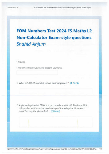 FS Maths L2 Numbers Test 2025 Non-Calculator | Teaching Resources