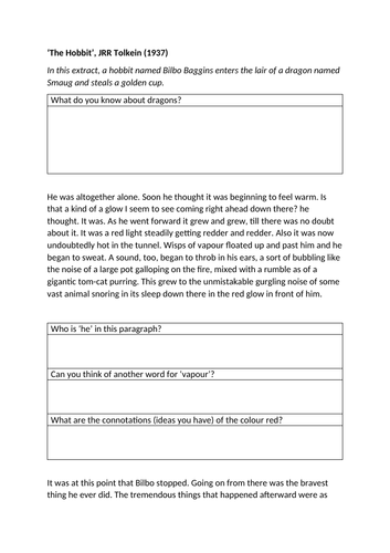 The Hobbit Extract Reading Comprehension Fiction KS3 | Teaching Resources