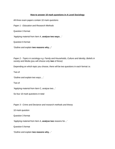 How to answer 10 mark sociology questions | Teaching Resources
