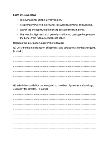 Joint types, structure and function exam style questions | Teaching ...