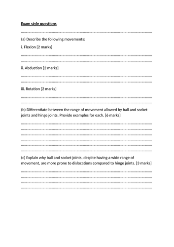 Movement At Joints Exam Style Questions Teaching Resources 