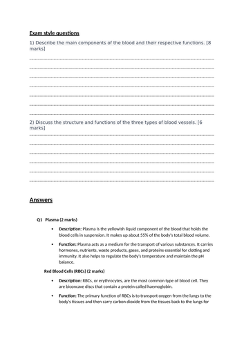 The components of blood exam style questions | Teaching Resources