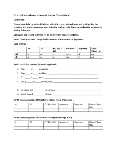 E-I / U-UE stem change verbs small practice | Teaching Resources