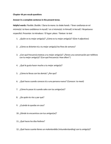 Realidades 3 Chapter 4A pre vocab questions | Teaching Resources