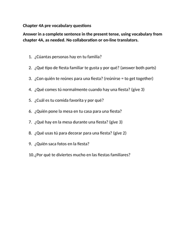 Realidades 2 chapter 4A pre vocab questions | Teaching Resources