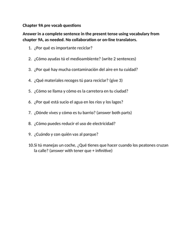 Realidades 3 chapter 9A pre vocab questions | Teaching Resources