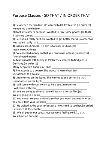 The Clauses of Purpose Worksheet | Teaching Resources The Clauses of Purpose Worksheet | Teaching Resources
