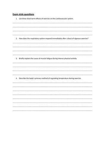 Short term effects of exercise exam style questions IGCSE PE Physical ...