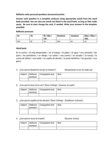 Reflexive verbs personal questions structured practice | Teaching Resources