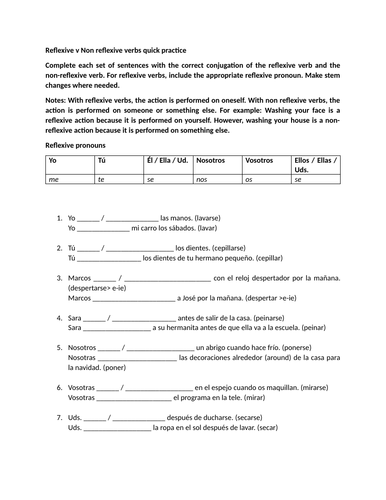 Reflexive v Non reflexive verbs quick practice | Teaching Resources