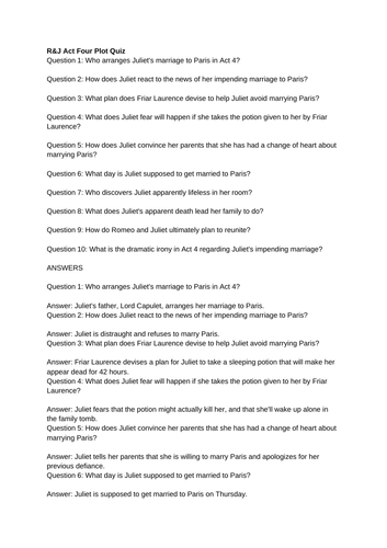 Romeo and Juliet Ten Question Plot and Character Knowledge Quiz - Act ...