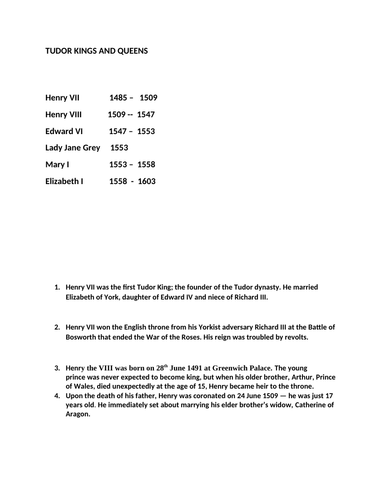 Home Schooling History Lesson Year 6 THE TUDORS; HENRY VIII; TIMELINE ...