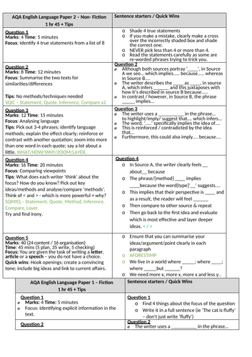 aqa gcse language knowledge organiser question by question | Teaching Resources