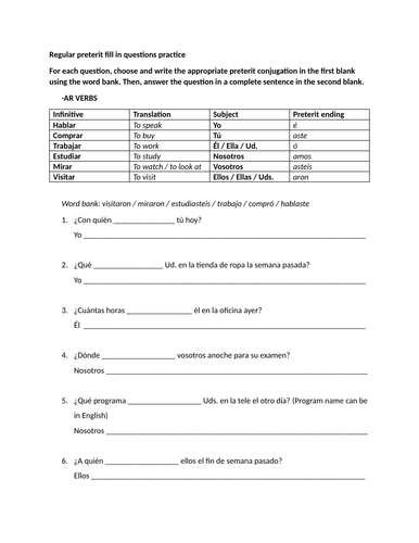 Regular preterit fill in questions practice | Teaching Resources