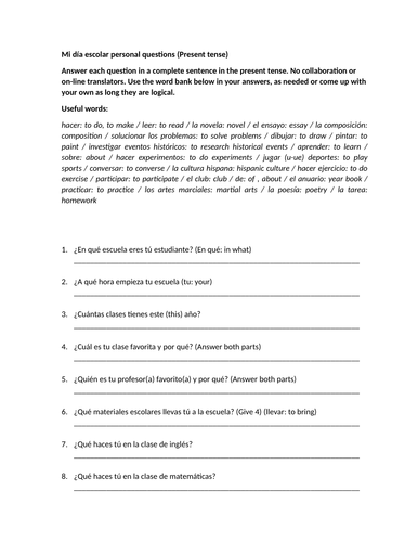 Mi día escolar personal questions (Present tense) | Teaching Resources