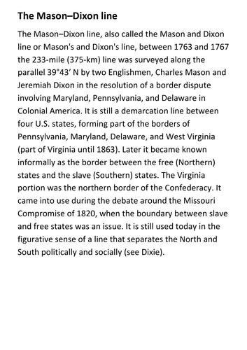 The Mason–Dixon line Handout | Teaching Resources