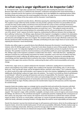 Anger An Inspector Calls Grade 9 response | Teaching Resources