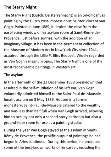 The Starry Night Handout | Teaching Resources