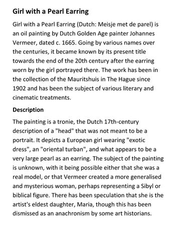 Girl with a Pearl Earring Painting Handout | Teaching Resources