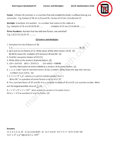 Factors and Multiples : IGCSE Mathematics 0580 Past Papers Worksheet ...