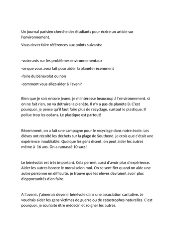 Model writing answer- Environment French | Teaching Resources