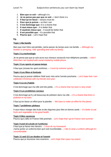 Subjunctive sentences per topic French GCSE | Teaching Resources