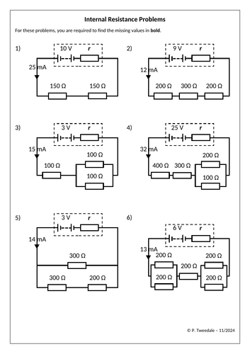 Internal Resistance Calculation WS | Teaching Resources