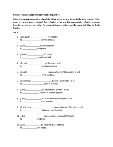 Present tense all verbs mini conversations practice | Teaching Resources