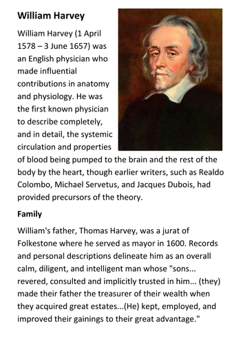 William Harvey Handout | Teaching Resources