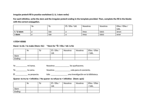 Irregular preterit fill in practice worksheet (I, U, J stem verbs ...