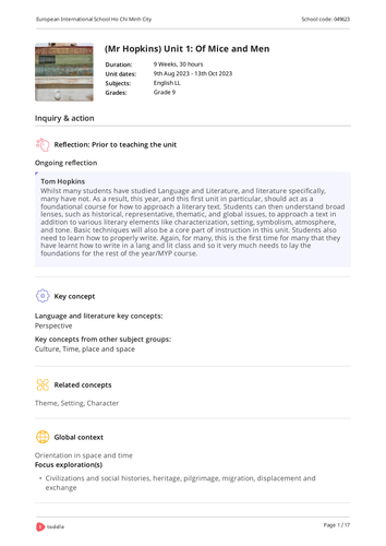 Grade 9 MYP Lang Lit Unit - Of Mice and Men | Teaching Resources Grade 9 MYP Lang Lit Unit - Of Mice and Men | Teaching Resources
