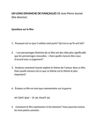 Jean-Pierre Jeunet : Un long dimanche de fiançailles: A LEVEL FRENCH ...