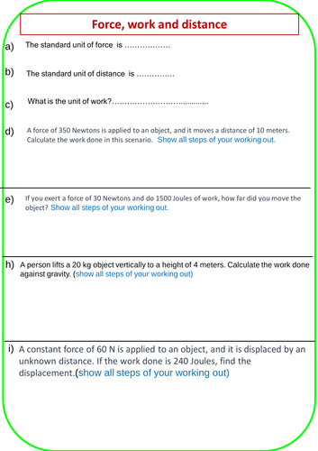 Work, Distance and Force | Teaching Resources