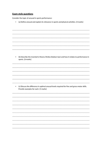 Arousal (Inverted U) IGCSE PE Physical Education exam style questions | Teaching Resources