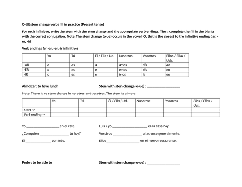 O-UE stem change verbs fill in practice (Present tense) | Teaching ...