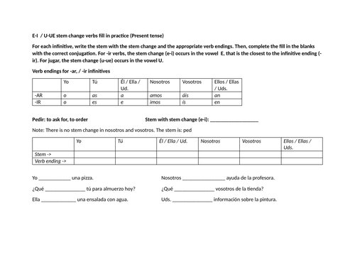 E-I / U-UE stem change verbs fill in practice (Present tense ...