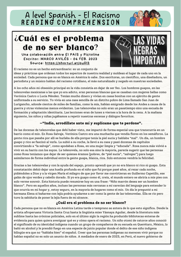 Racism reading & exam-style activities - A level Spanish -'¿Cuál es el ...